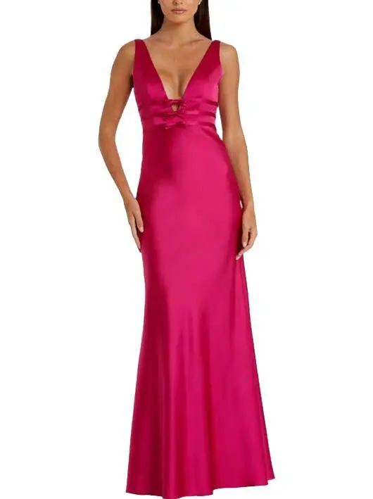 Mac Duggal Sleeveless V-neck Satin Gown With Bows - Raspberry