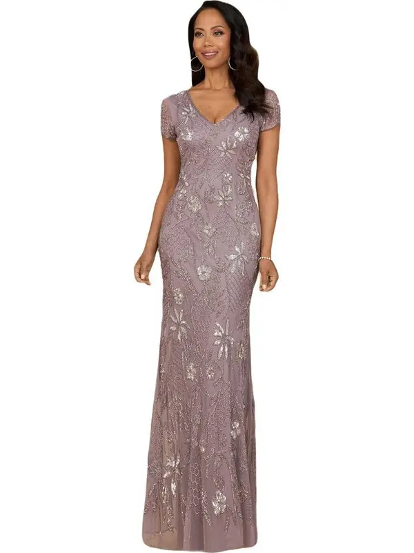 LARA NEW YORK V-neck Beaded Sheath Dress - Amethyst