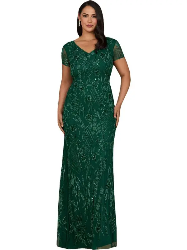 LARA NEW YORK V-neck Beaded Sheath Dress - Dark Green