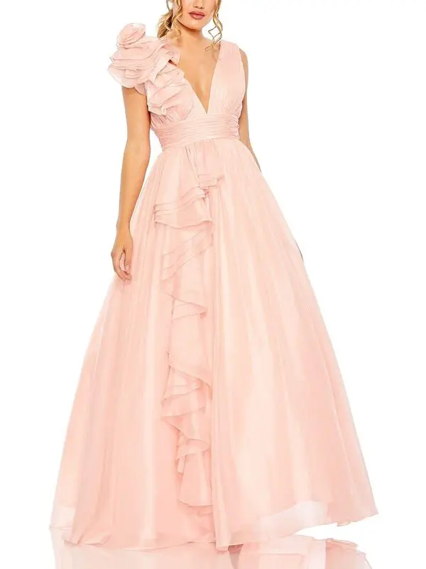 Mac Duggal V-neck Ruffled Shoulder A-line Evening Gown - Blush