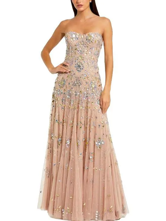 Mac Duggal Strapless Sweetheart Embellished Net Gown - Light Rose