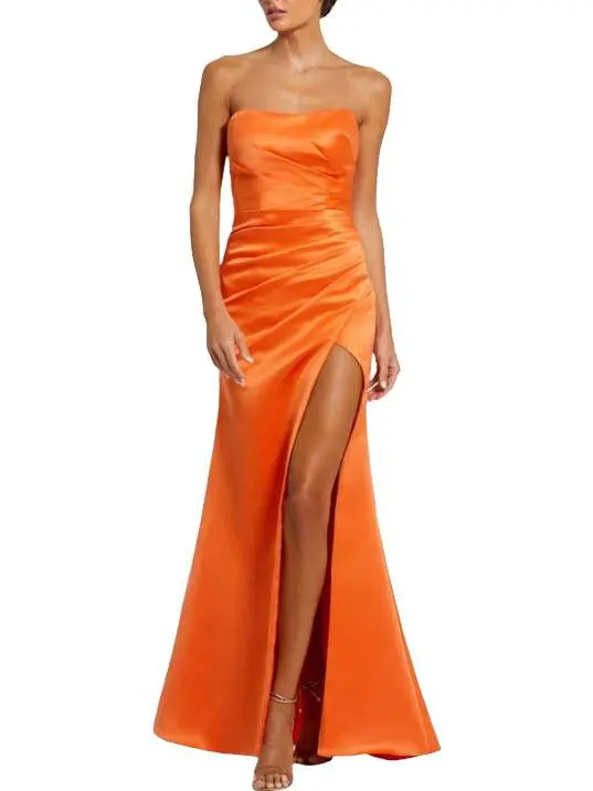 Mac Duggal Strapless Gathered High Slit Gown - Sherbet