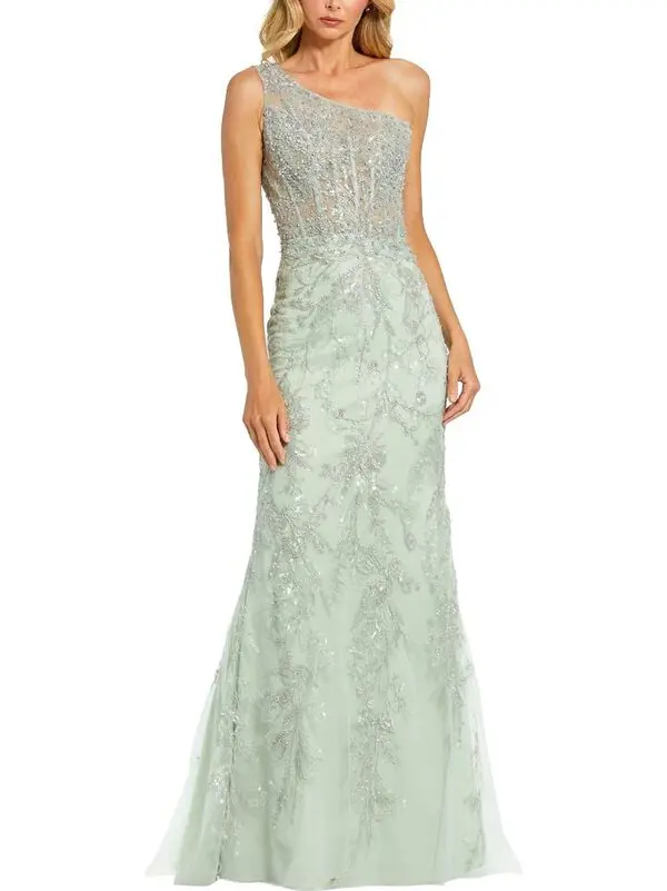 Mac Duggal Embellished One-shoulder Corset Bodice Column Gown - Sage