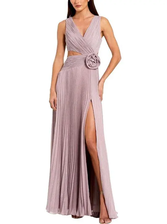 Mac Duggal Ruched Chiffon Sleeveless Gown With 3d Flower - Vintage Lilac