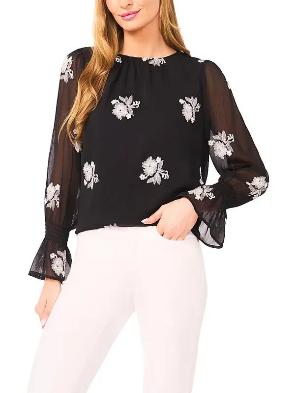 CECE DUPRAZ Long Sleeve Smocked Cuff Crewneck Blouse - Rich Black