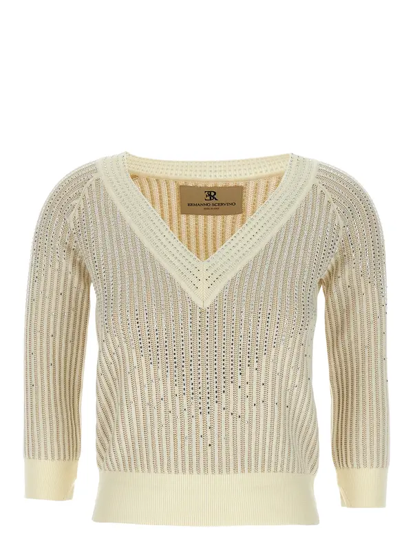 Ermanno Scervino Rhinestone Cotton Sweater - White
