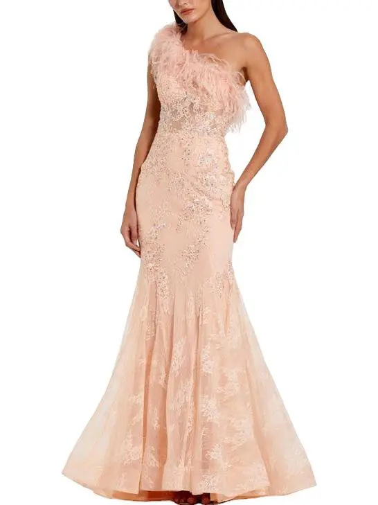 Mac Duggal One-shoulder Feather Embellished Gown - Peach