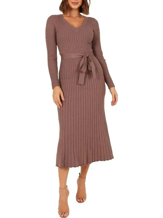 PETAL & PUP Reigan Ribbed Knit Midi Dress - Mocha