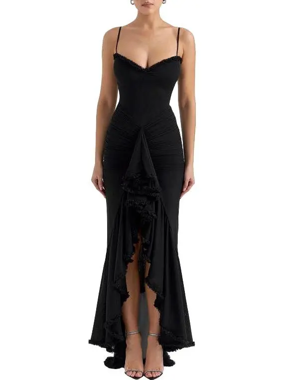 House Of Cb Gabbi Ruffle Front Gown - Black