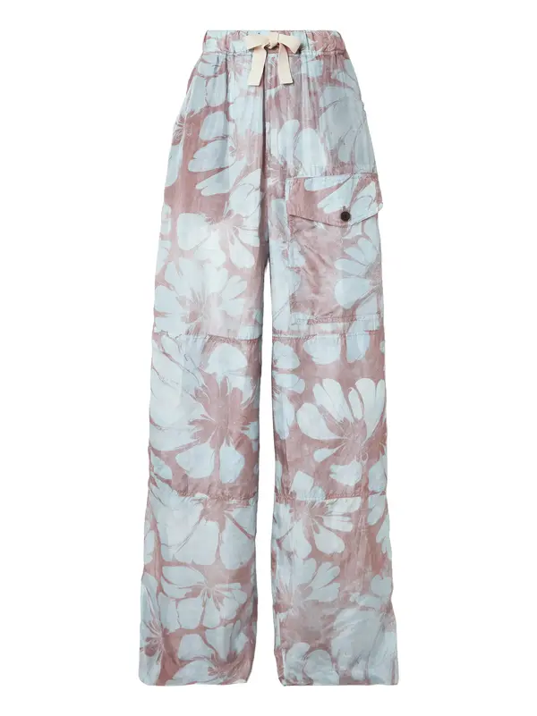 Dries Van Noten Grosgrain-trimmed Floral-print Silk-voile Wide-leg Pants - Blue
