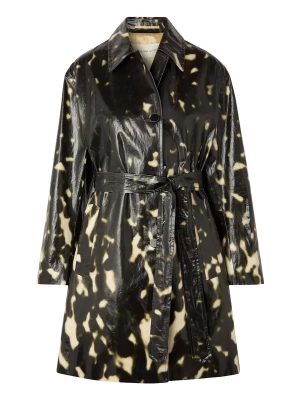 Dries Van Noten Belted Printed Coated Cotton-canvas Trench Coat - Black