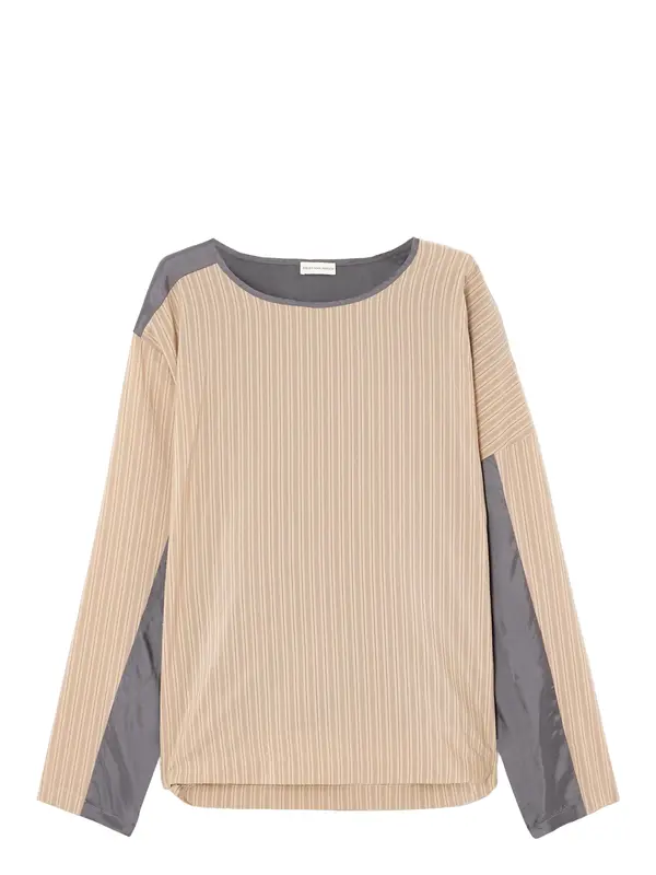 Dries Van Noten Paneled Striped Poplin And Satin Top - Neutrals