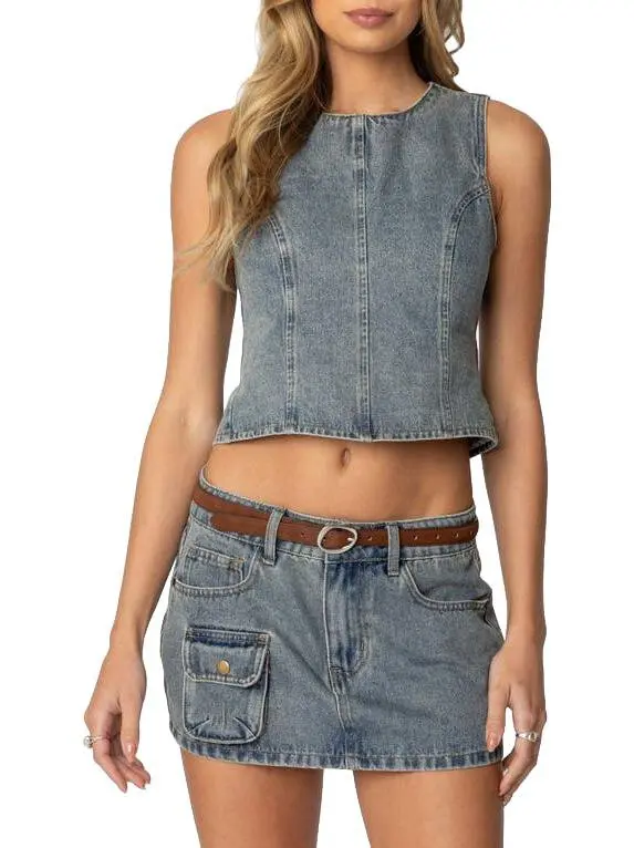 EDIKTED Quinlan Sleeveless Denim Top - Blue