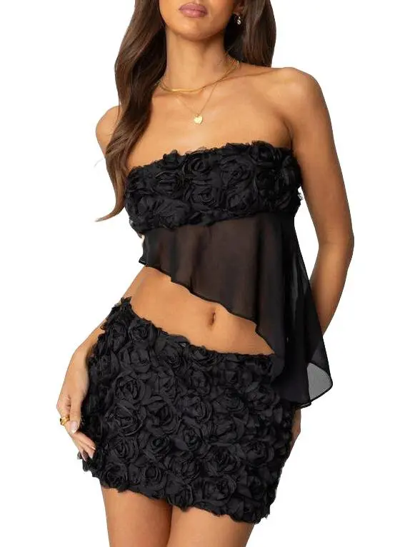 EDIKTED Nya Asymmetric Strapless Chiffon Top - Black