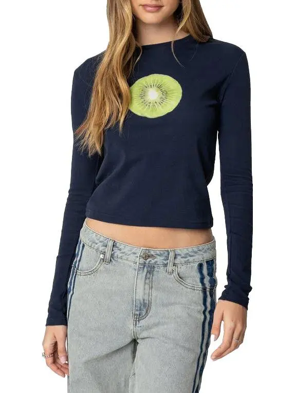 EDIKTED Kiwi Graphic Long Sleeve T-shirt - Navy