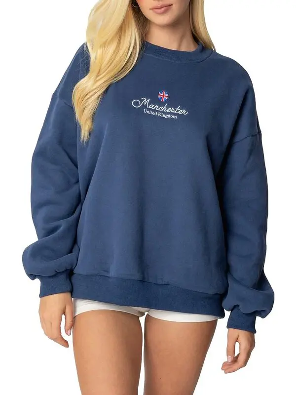 EDIKTED Manchester Embroidered Oversize Graphic Sweatshirt - Navy