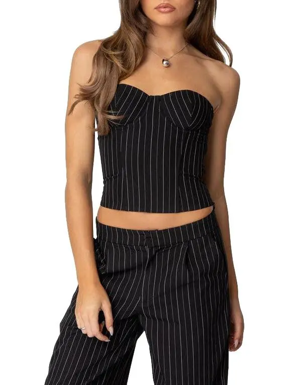 EDIKTED Aliza Strapless Pinstripe Corset Top - Black-and-white
