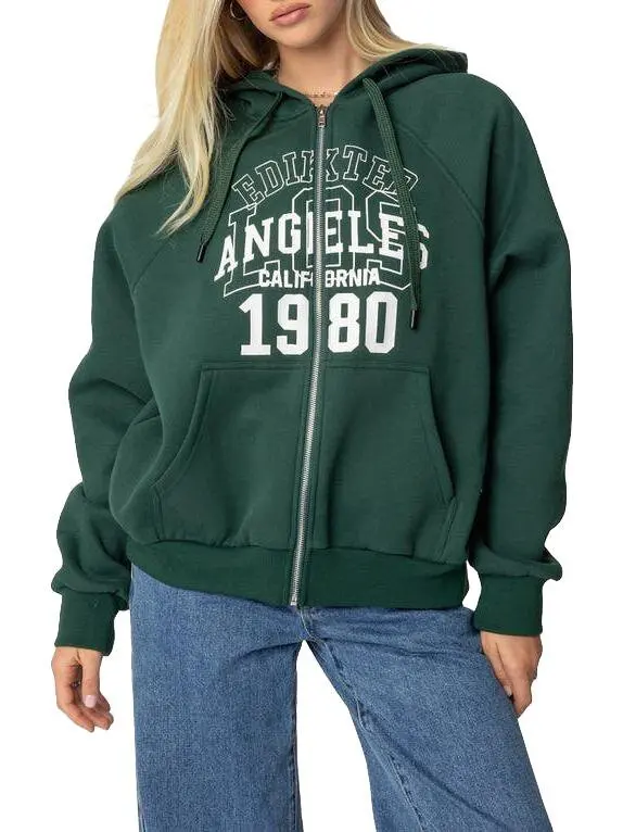 EDIKTED 1980 Graphic Oversized Zip Hoodie - Dark-green