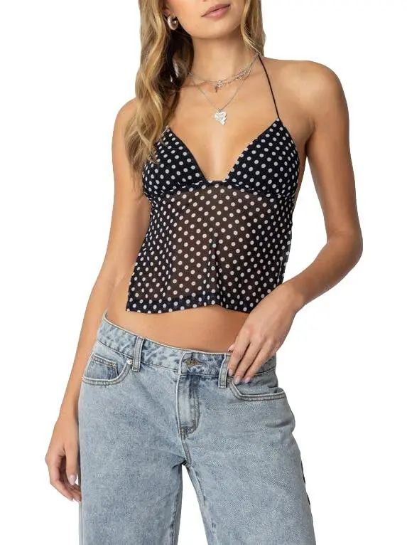 EDIKTED Dot Chiffon Halter Top - Black-and-white