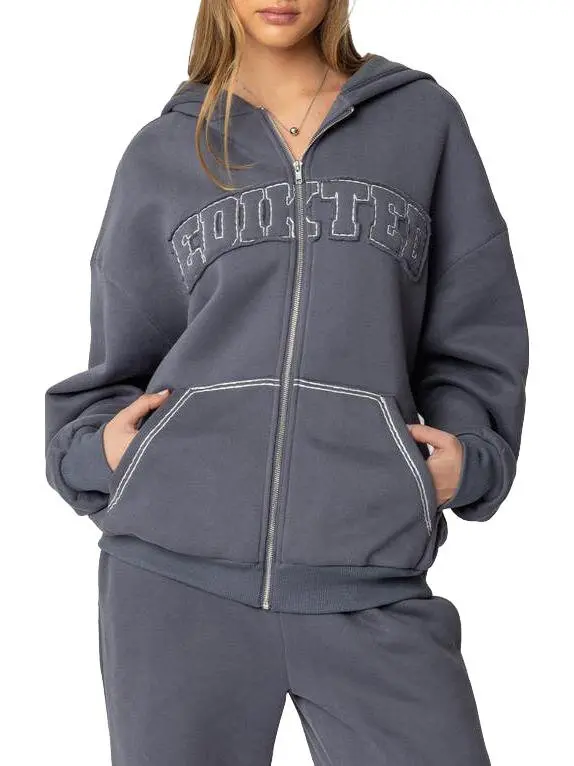 EDIKTED Forever Appliqué Zip Hoodie - Gray