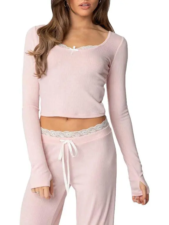 EDIKTED Peekaboo Lace Trim Knit Top - Pink