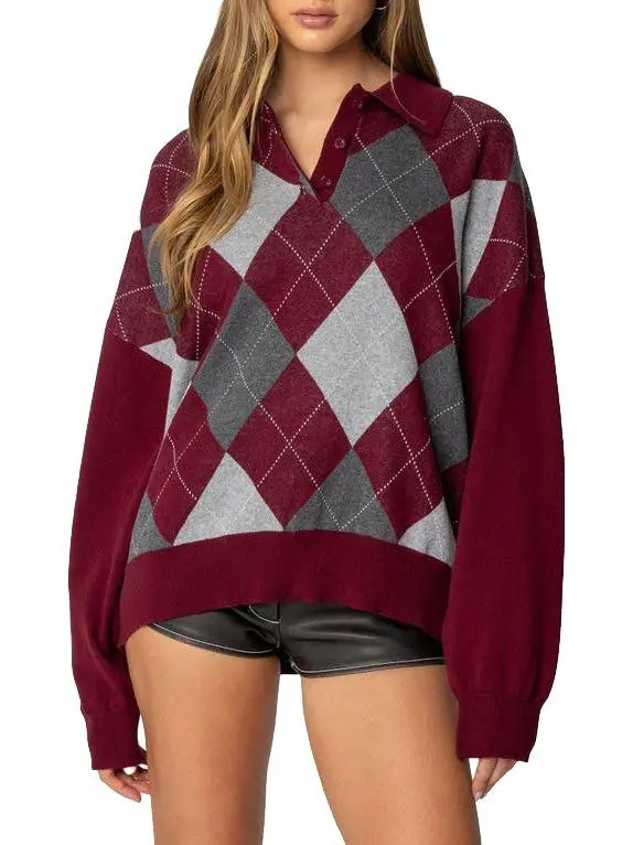 EDIKTED Argyle Oversize Cotton Polo Sweater - Burgundy