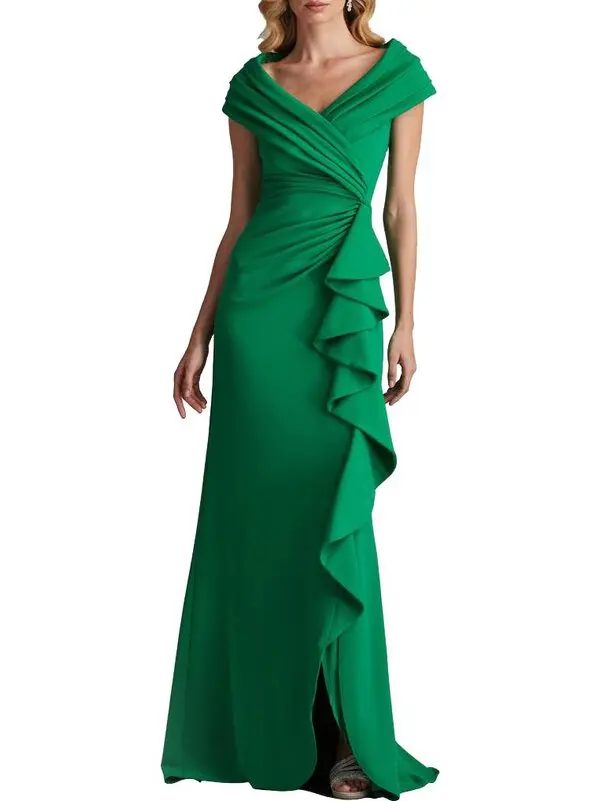 Tadashi Shoji Cascade Ruffle Portrait Neck Gown - Green Leaf