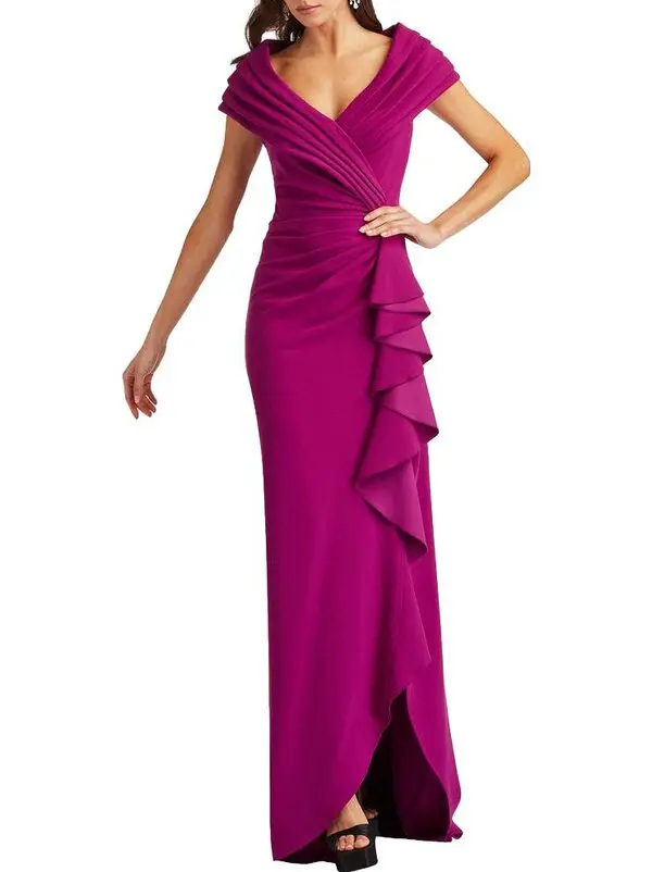 Tadashi Shoji Cascade Ruffle Portrait Neck Gown - Magenta