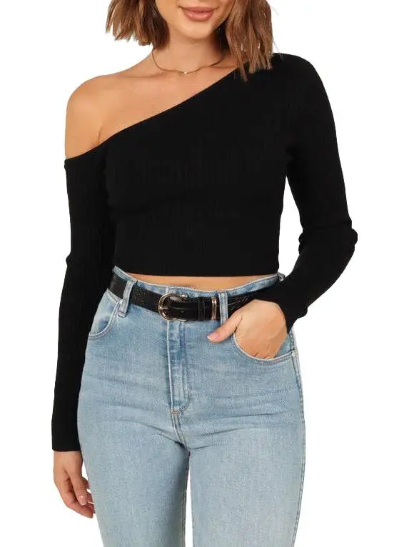 PETAL & PUP Tina One-shoulder Ribbed Crop Sweater - Black