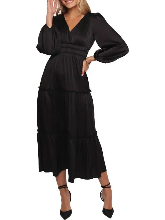 PETAL & PUP Rowen Long Sleeve Satin Midi Dress - Black