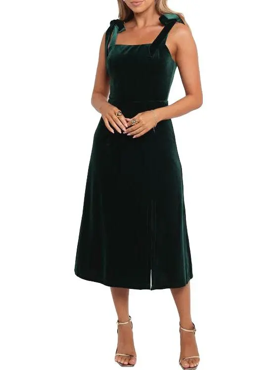 PETAL & PUP Laurel Tie Shoulder A-line Velvet Midi Dress - Emerald Green