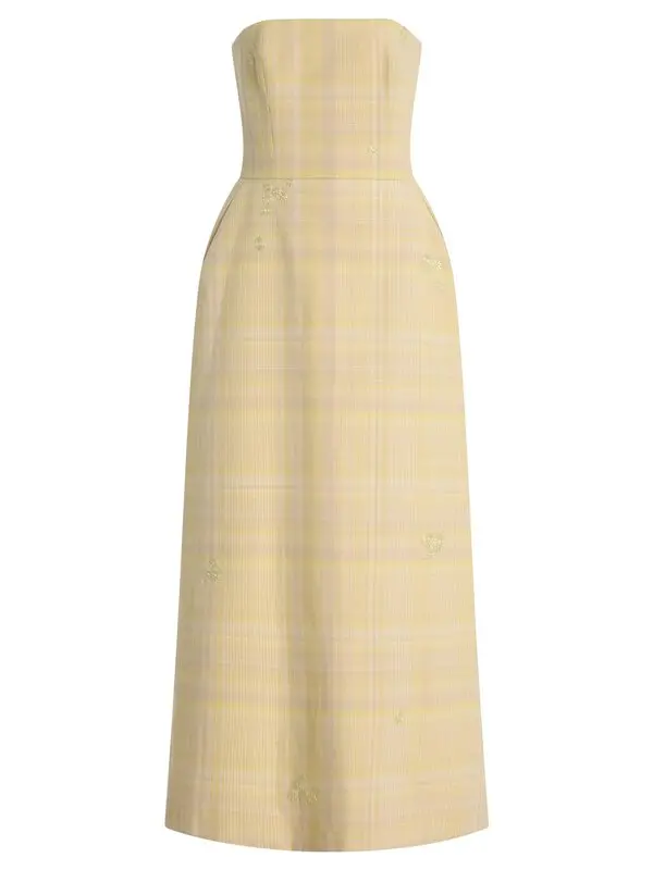 Delpozo Exclusive Architectural Floral-embroidered Tartan-checked Cotton Midi Dress - Yellow