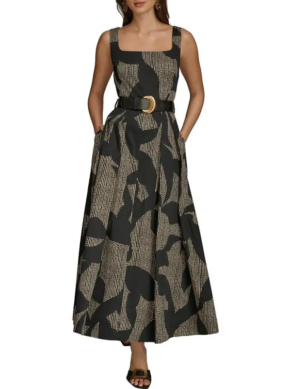 Donna Karan New York Floral Stretch Cotton Midi Dress - Black/ Sand