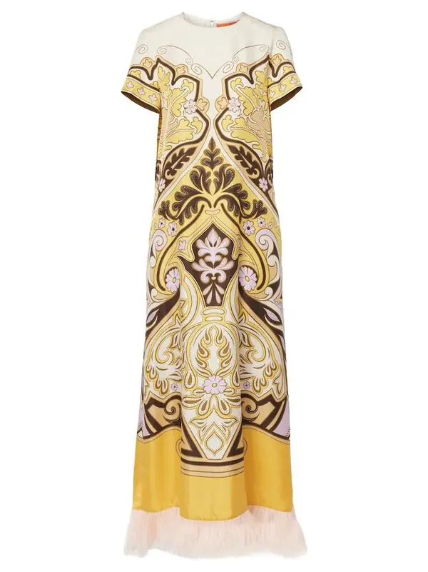 La DoubleJ Printed Feather-trimmed Silk Maxi Dress - Multicoloured