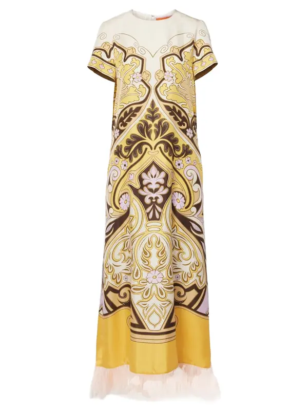 La DoubleJ Printed Feather-trimmed Silk Maxi Dress - Multicoloured