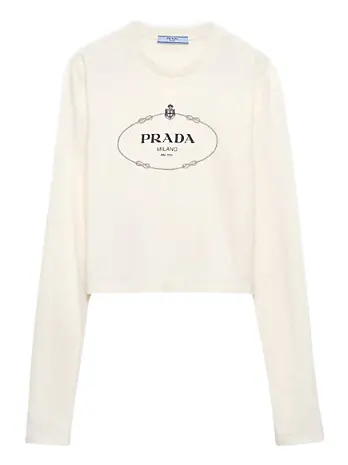 Prada Logo-print Long-sleeve Cotton-jersey Top - Neutral
