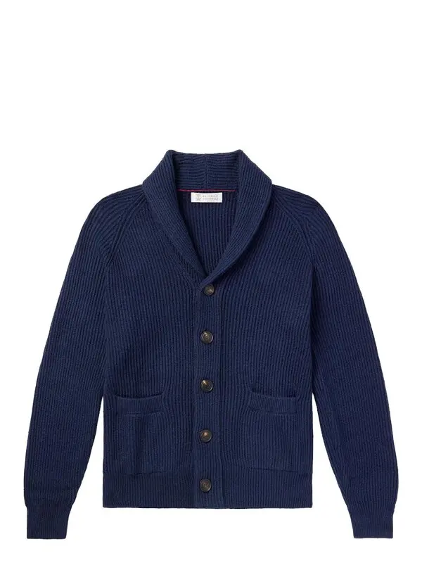Brunello Cucinelli Shawl-collar Ribbed Cotton Cardigan - Blue