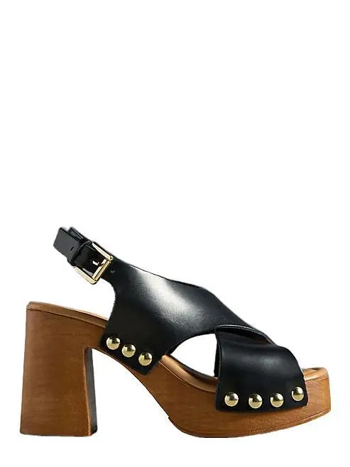 Anthropologie Studded Wood-bottom Platform Sandals - Black Leather