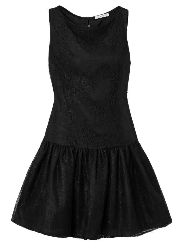 Nina Ricci Velvet-trimmed Bow-detailed Gathered Chantilly Lace Mini Dress - Black