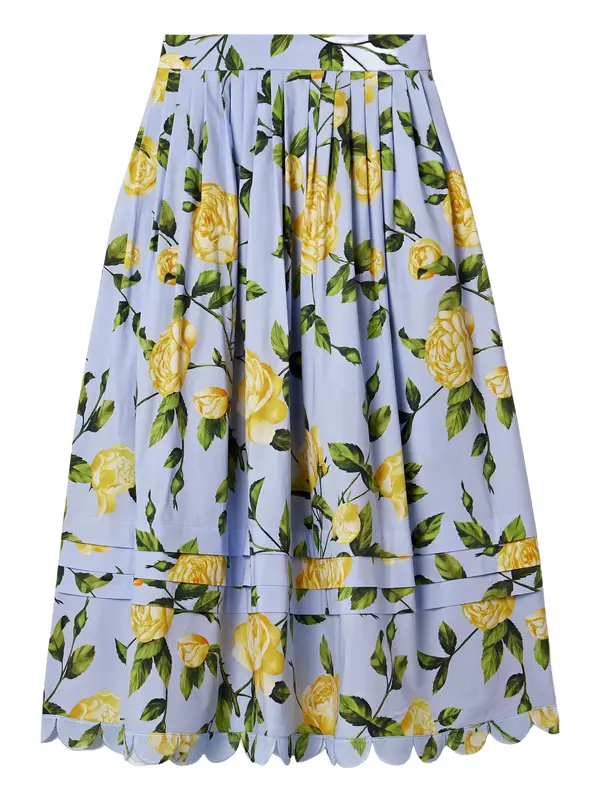 Oscar De La Renta Pleated Floral-print Midi Skirt - Blue