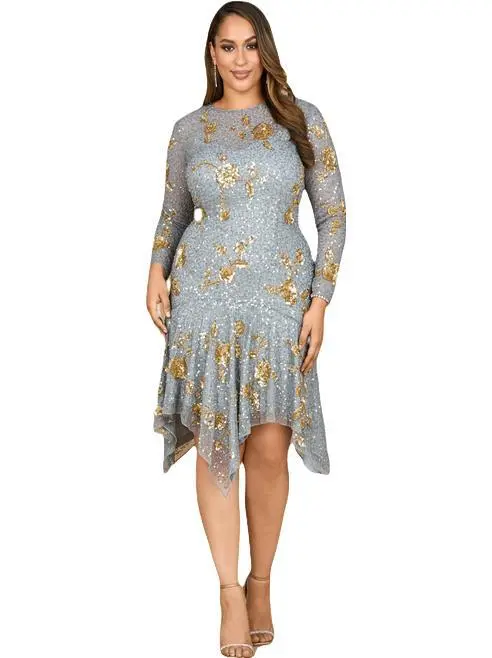 LARA NEW YORK Beaded Tulle Midi Dress - Grey/gold