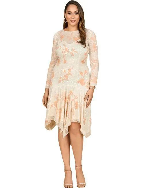 LARA NEW YORK Beaded Tulle Midi Dress - Ivory/blush