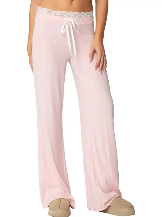 EDIKTED Peekaboo Lace Trim Knit Wide Leg Pants - Pink