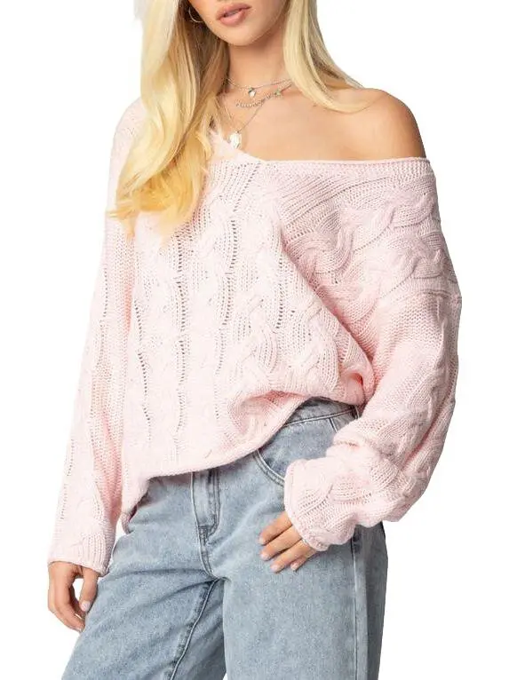 EDIKTED Inga Oversize V-neck Cable Knit Sweater - Light-pink