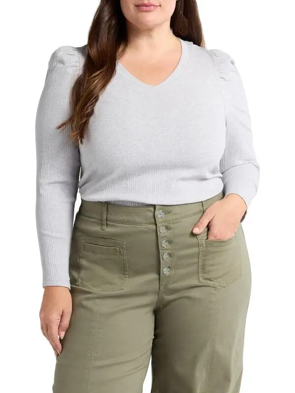 Wit & Wisdom Puff Shoulder Rib Top - Heather Grey
