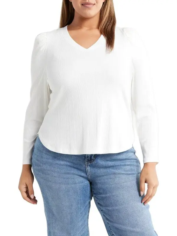 Wit & Wisdom Puff Shoulder Rib Top - White