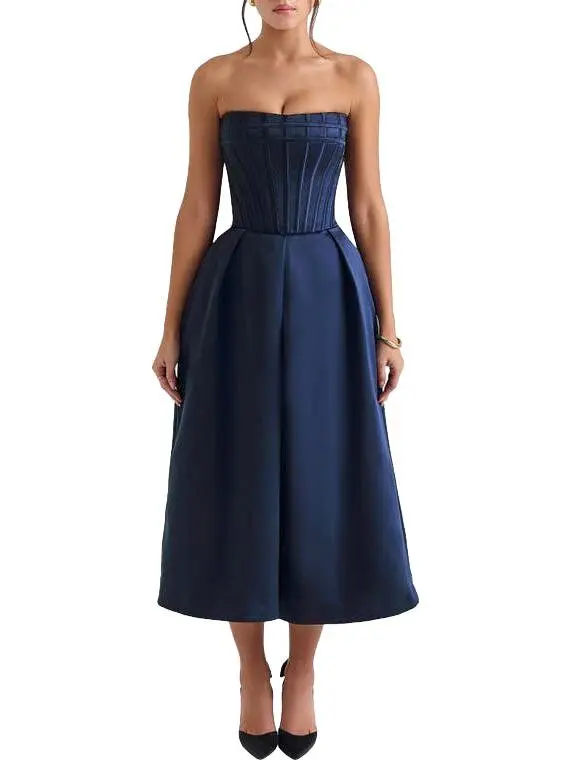 House Of Cb Bellina Strapless Satin Midi Dress - Dress Blues