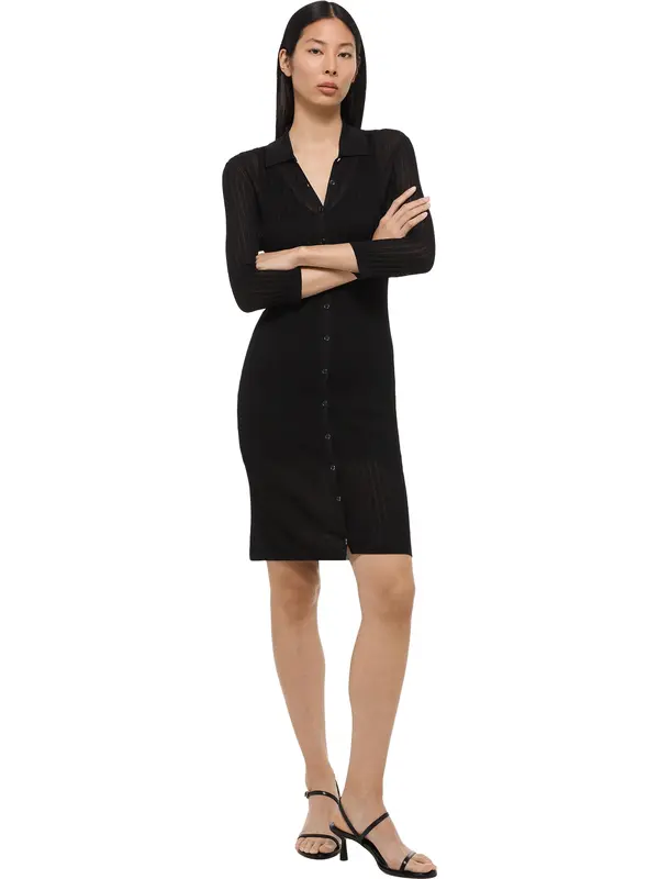 Helmut Lang Pointelle Rib Knit Polo Shirt Dress - Black