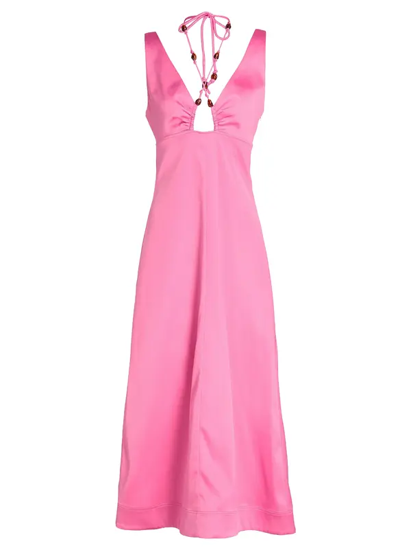 GANNI Bead-embellished Stretch-satin Midi Dress - Pink