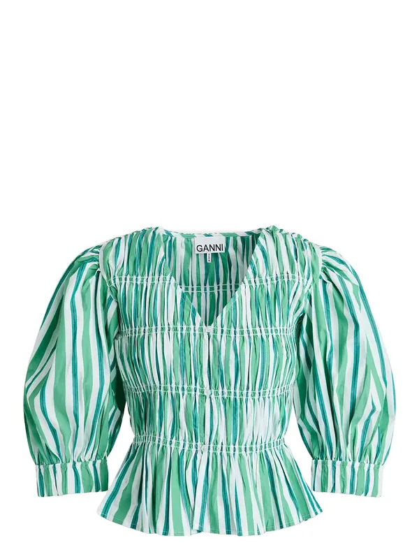 GANNI Shirred Striped Cotton-poplin Blouse - Green